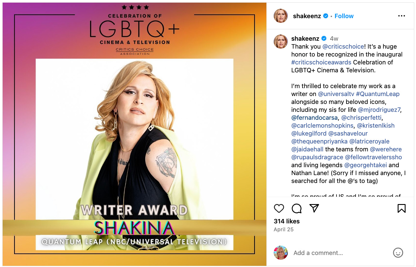 Shakina – Writer Award – Critics Choice Association